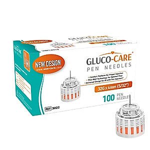 GLUCO-CARE Pen Tips 32G x 5/32’’ (4mm), Universal Fit, Optimal Skin-Contact Base for Comfort, Sterile, 100/bx