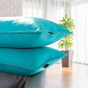 YINNAZI Thick Heavy Duty Soft Faux Leather Throw Pillow Covers, Solid Color, Waterproof Dustproof, Square Garden Cushion case, Pillowcase for Patio Couch Sofa Bench, 12x 20 Inch, Set of 2, Teal Green