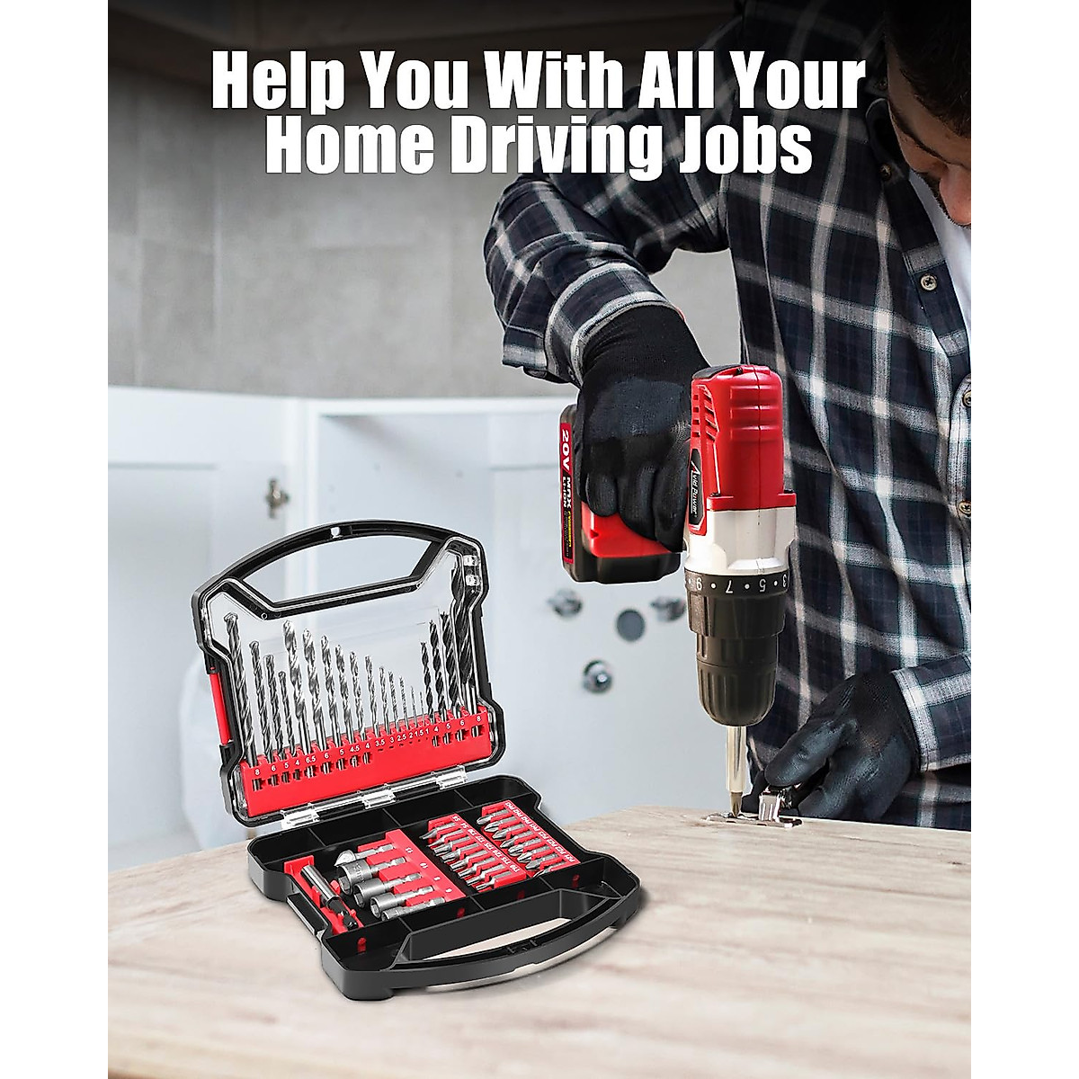 AVID POWER 41 PCS Drill Bit Set, Brad Point Drill Bits, High Speed Steel Twist Drill Bit and Screwdriver Bit Combo Kit for Metal, Wood and Masonry-RED