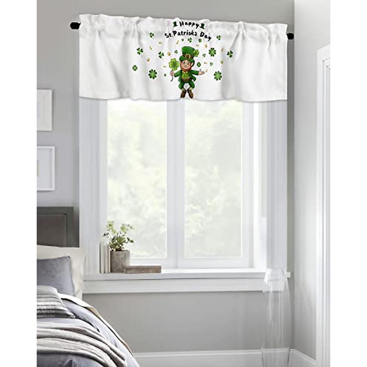 Kakmok Window Valance for Kitchen Cafe,St. Patrick's Day Leprechaun Shamrock Gold White Rod Pocket Drape Privacy Curtain,Lucky Leaf Short Curtains for Bathroom/Living Room/Bedroom Windows Decor