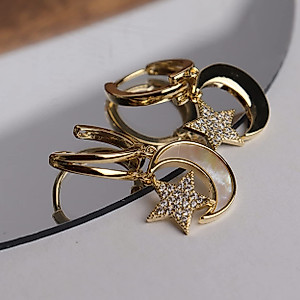 Sonateomber Gold Star Moon Drop Dangle Double Small Hoop Cartilage Midnight Earrings for Women - Cute Sparkly Cubic Zirconia Rhinestone Star Hypoallergenic Huggie Prom Wedding Jewelry Gift