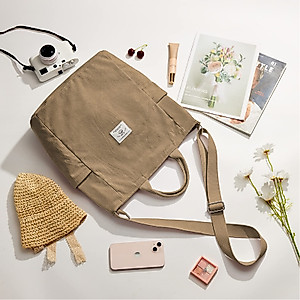 KALIDI Corduroy Tote Bag, Zipper Messenger Bag Shoulder Hobo Anti Splash Crossbody Bag Casual Work Shopping Women Khaki