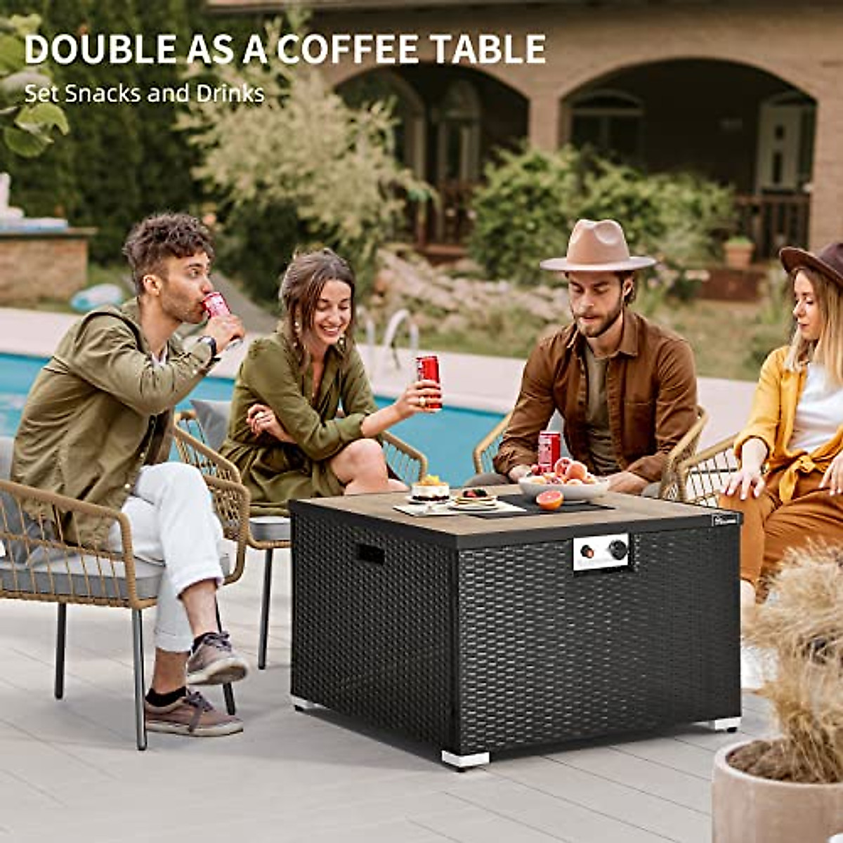 YITAHOME 32 Inch Propane Fire Pit Table, 40,000 BTU Gas Fire Pit with Ignition Systems, Ceramic Tabletop, Lava Rock, Cover, Lid Hanger, Square Outdoor Firetable for Patio Garden Backyard (Black)