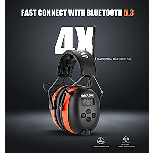 Hocazor HP033 Bluetooth 5.3 Hearing Protection AM FM Radio Headphones, 25dB NRR Noise Reduction Safety Earmuffs with 2000mAh Rechargeable Battery for Mowing Workshops, Orange
