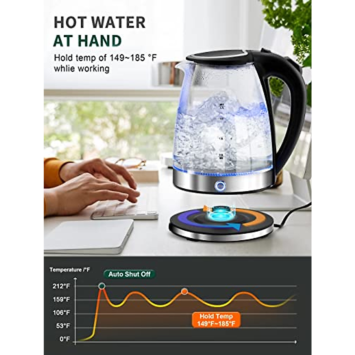 Pukomc Electric Kettle with Keep Warm - 1.7L Glass Water Boiler with Wide Opening, Led Indicator, Auto Shut-Off and Boil-Dry Protection - Series 9480