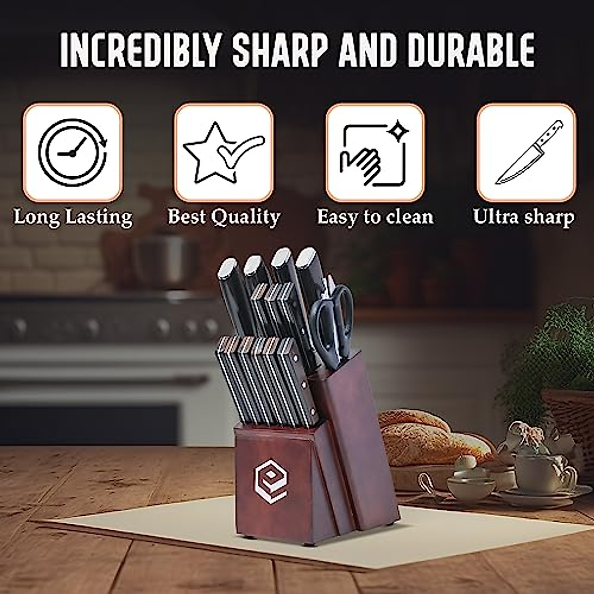 ECOMERR Kitchen Knife Set – 16 Piece German High Carbon Stainless Steel knife sets for kitchen with Block Wooden, Scissor and Knife Sharpener - Chef Knife Set & Rust proof