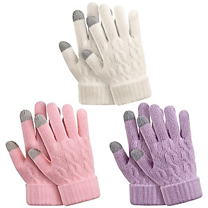 PHODIL Kids Gloves Winter Warm With Touchscreen Fingers 3 Pairs,Toddler Gloves Knitted with Fleece Lined for Cold Weather,Girls Gloves Boys Gloves Mittens for Children Age 9-15