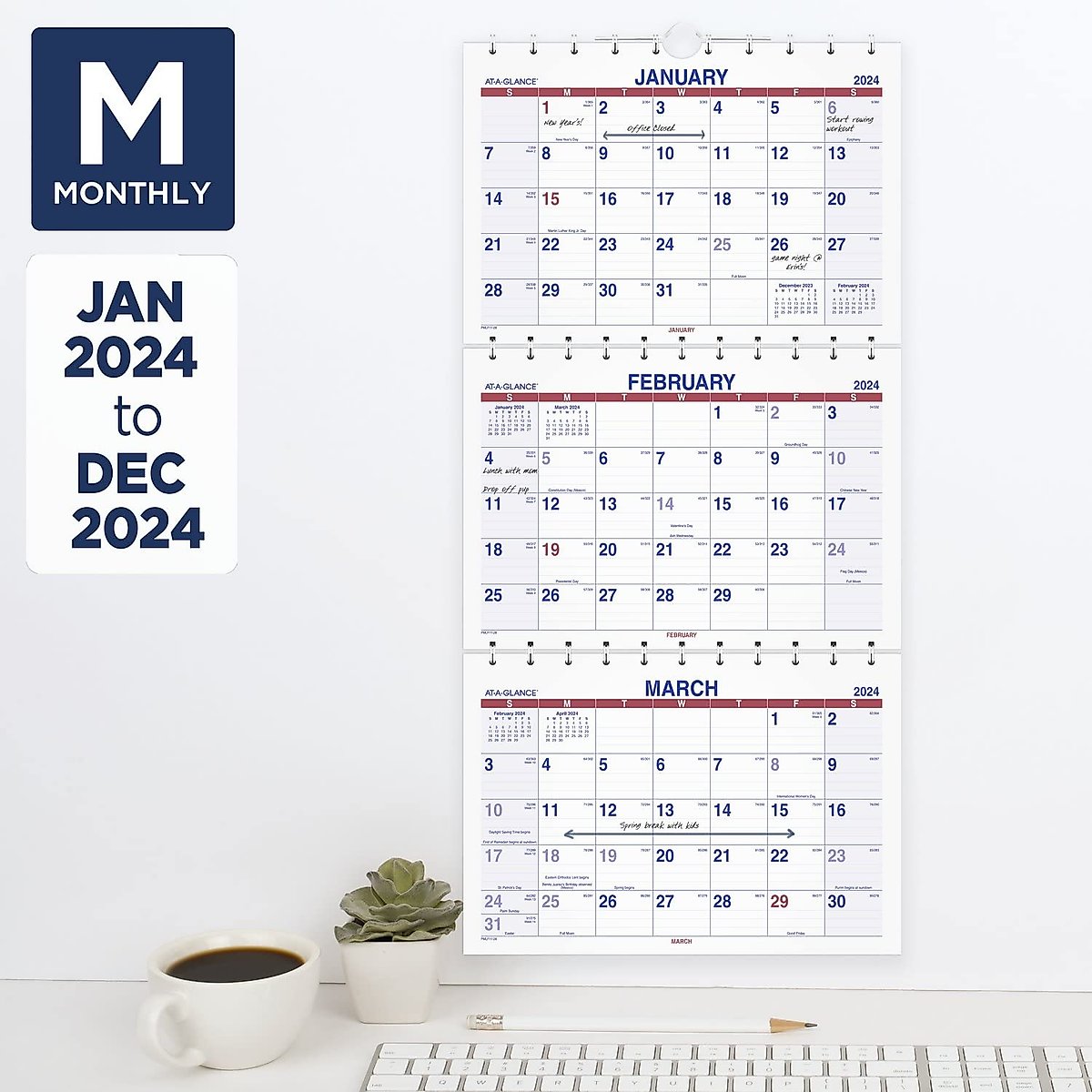 AT-A-GLANCE 2024 Wall Calendar, 12" x 26-1/2", Large, Three-Month, Move-A-Page (PMLF112824)