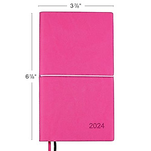 2024 Planner/Pocket Calendar 4"x7": 14 Months (Nov 2023 - Dec 2024) Weekly, Monthly Calendars, Leather Material, Elastic Closure, Decorative Stitching, Page Finder Ribbons and Notes Pages (Pink/Black)