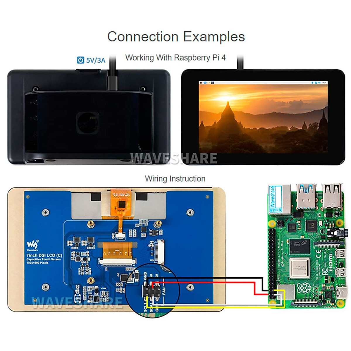 waveshare 7inch DSI LCD with Protection Case, 1024x600 Touch Screen for Raspberry Pi 4 Model B, IPS Display Toughened Glass Capacitive Monitor 5-Points Touch Driver Required