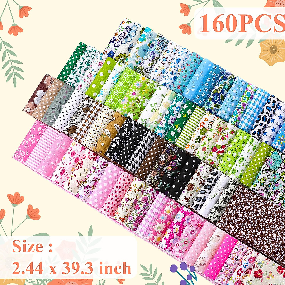 SmoothNovelty 160 Pcs 4 Roll Fabric Strips Assorted Quilting Fabric for Quilting Crafting and Sewing Rolled Cotton for Crafts Blanket Rug Upholstery and Purse Making (Warm Printing Style)