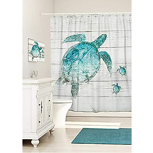 SUMGAR Blue Ocean Shower Curtain for Bathroom Coastal Beach Decoration Teal Sea Turtle Curtain Set with Hooks, 72 x 72 inch