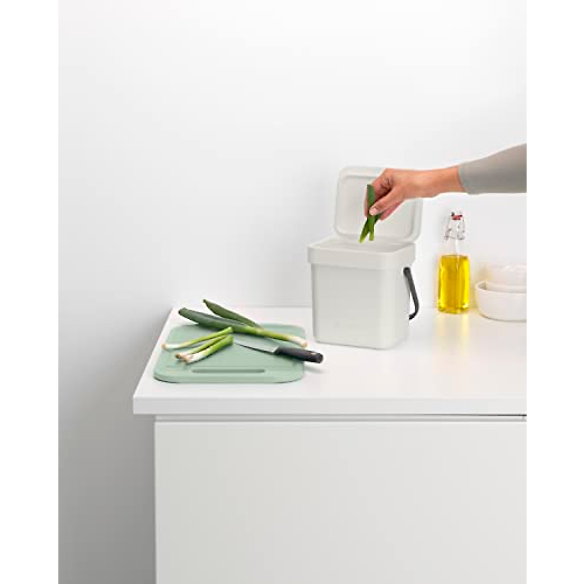 Brabantia Sort & Go Food Trash Can (0.8 Gal/Light Gray) Small Countertop Kitchen Compost Caddy with Handle & Removable Lid, Easy Clean