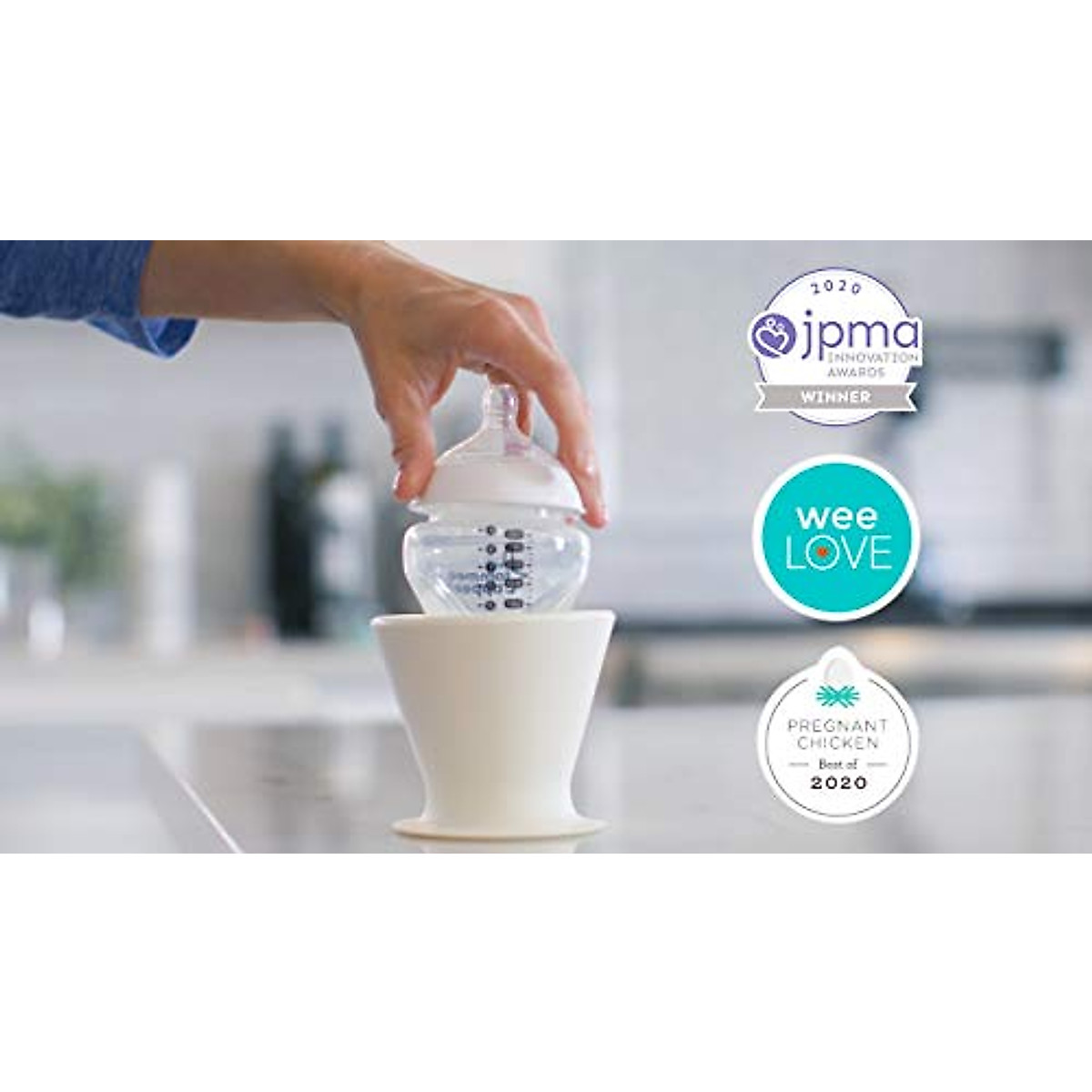 Ingenuity Bokee Baby Bottle Holder Hands Free – One-Hand Bottle or Sippy Cup Prep for Infant to Toddler, Green-Blue