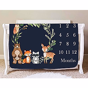 Popfavors Yuzioey Woodland Baby Monthly Milestone, Woodland Greenery Baby Growth Chart Monthly Blanket, Watch Me Grow Baby Forest Nursery Gift for New Moms Baby Shower, Includes Marker (Black, 50x40)