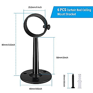 Hotop Ceiling-Mount Curtain Rod Bracket Adjustable Curtain Rod Holders Wardrobe Pole Holder for Home Kitchen Shelf Closet Shower Wall Window Room with Screws (Black,6 Pieces)