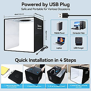 Photo Studio Light Box, Takerers 16"x16"x16" Portable Professional 3200-6500k Dimmable Shooting Tent Kit with 160 LED & 6 Kinds of Double-Sided Color Backdrops for Product Photography