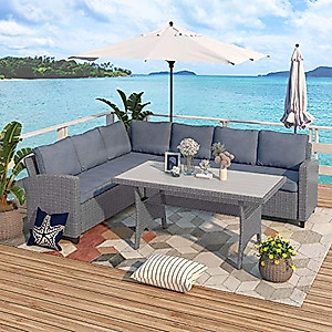 DHPM Patio PE Wicker Furniture Set Outdoor Brown Rattan Sectional Conversation Sofa Chair with Table & Soft Cushions, Gray