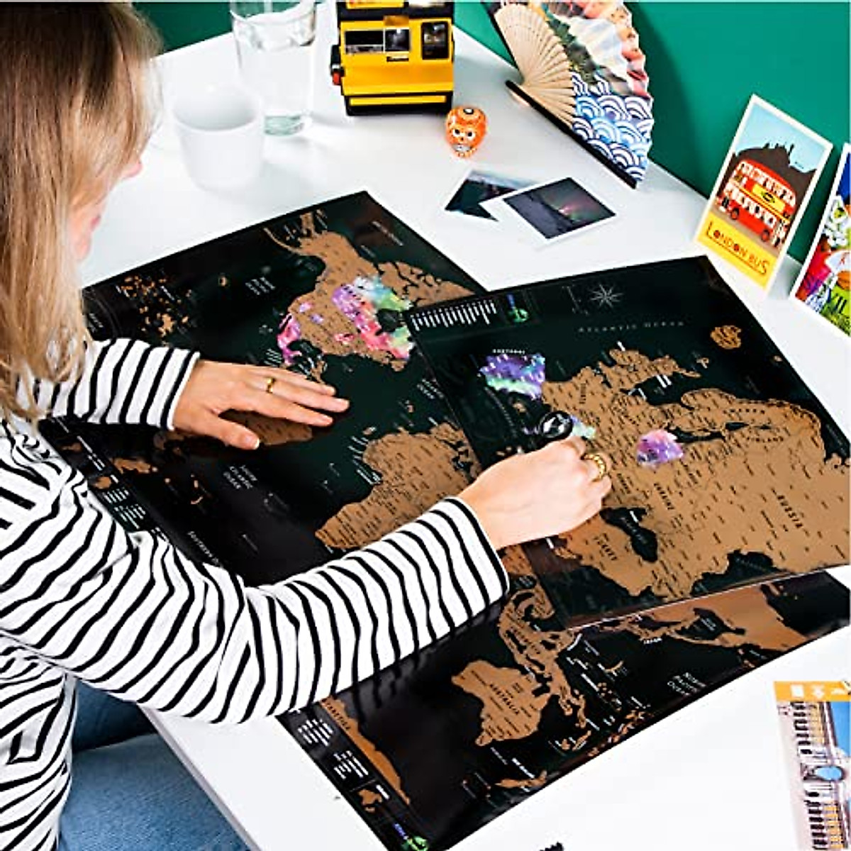 Scratch Off Travel Map + BONUS Europe Map | Premium World Map Scratch Off Poster in Nebula Watercolor | Travel Scratch Off Map with Accessories Kit and Travel Map Gift Tube