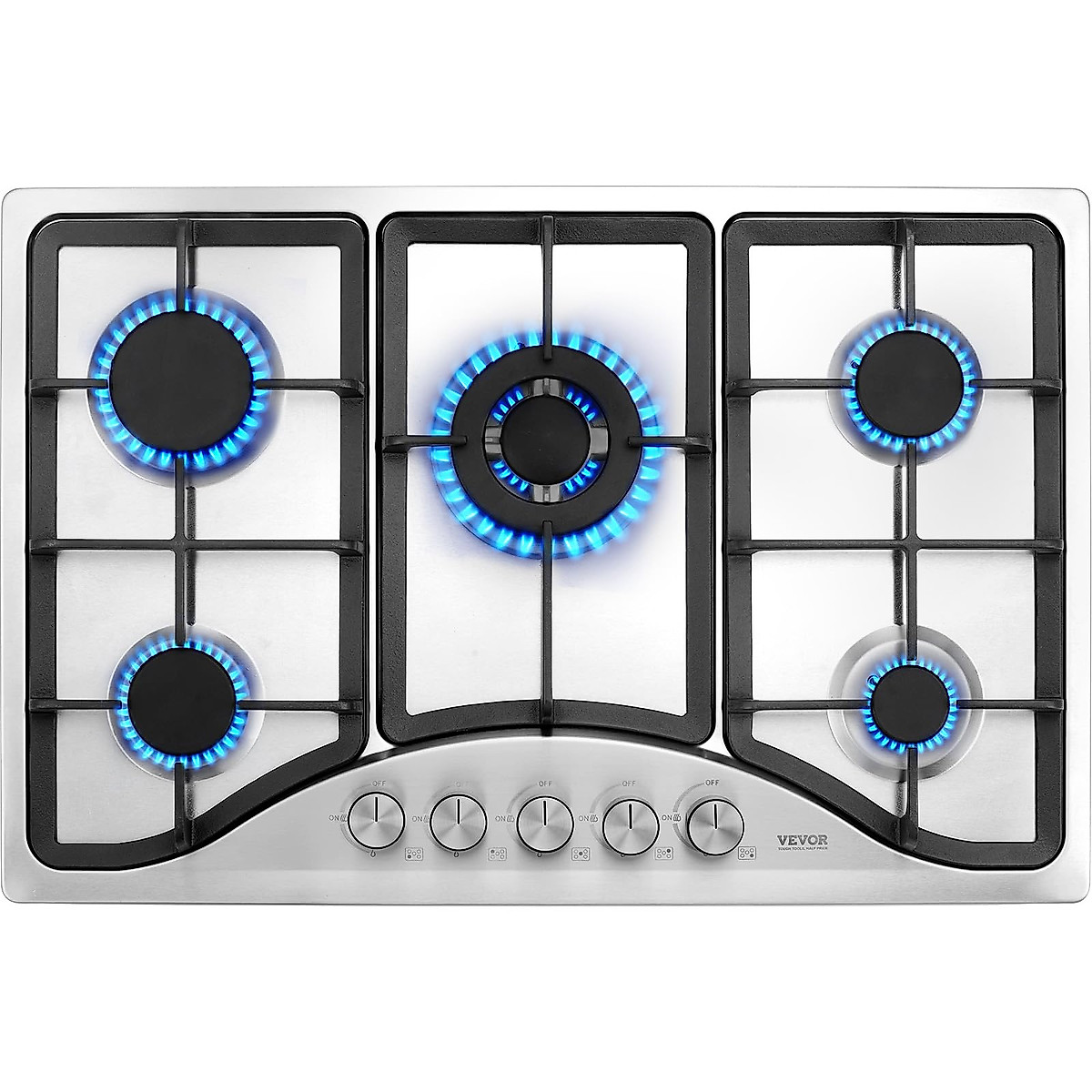 VEVOR 30-inch Gas Cooktop, 5 Burners Built-in Gas Stove Top, Max 12250BTU NG/LPG Convertible Stainless Steel Natural Gas Hob, with Thermocouple Protection for Camping, RV, Apartment