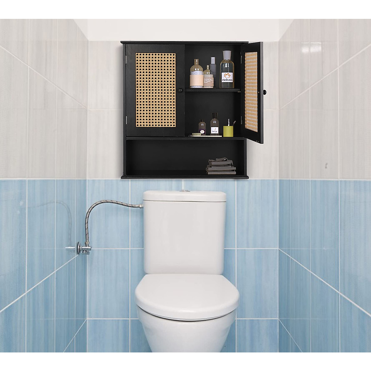 Bathroom Medicine Cabinet Wall Mounted,Black Rattan Storage Cabinet,Towel Cabinet for Bathroom Storage Over the Toilet,Floating Cabinet for Small Spaces,Hanging Cabinet for Kitchen Laundry Living Room