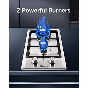 Ranein 2-Burner Gas Cooktop, 12-Inch Gas Stove Top Compatible with Thermocouple Protection, Built-in Gas Stove, 304 Stainless Steel Panel, Compatible with NG&LPG for Apartment and Indoor