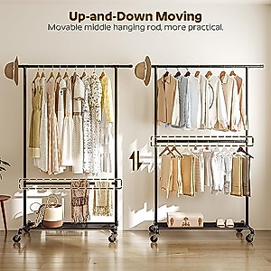 YATINEY Clothes Rack, Double Rod Garment Rack, Clothing Rack with Wheel, Rolling Clothes Rack for Hanging Clothes, Metal Frame, Adjustable Middle Rod, Heavy-Duty Commercial Display, Black GR49BB