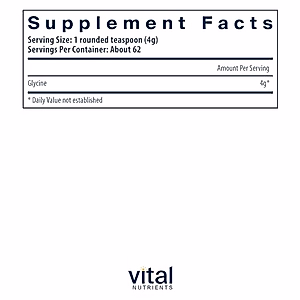 Vital Nutrients Glycine Powder | Amino Acid to Promote Restful Sleep, Stress Relief, Memory and Cognitive Support* | Vegan Supplement | Gluten, Dairy and Soy Free | 62.5 Servings