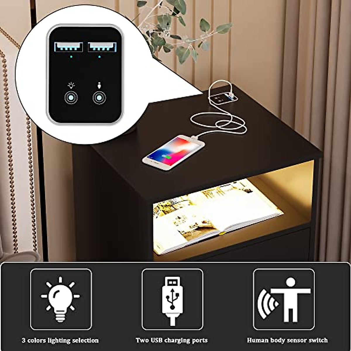 FREDEES Black Nightstand with LED Lights&2 USB Charging Station,Bedside Table with 2 Drawer&Open Storage Shelf, Modern Design End Side Table for Living Room,Smart Night Stand with Human Body Induction