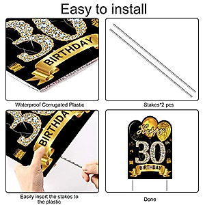 2Pcs Black Gold 30th Birthday Yard Sign Decorations for Men Women, Happy 30 Birthday Made in 1993 Lawn Sign Party Supplies, Thirty Birthday Outdoor Lawn Decor with Stakes