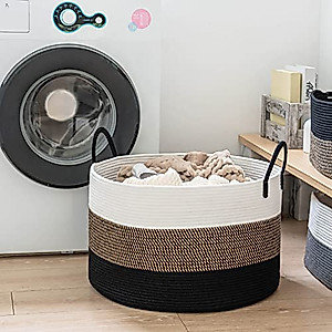 HiChen Large Woven Rope Basket With Handles, Blanket Basket Living Room, Baby Toy Nursery Storage Basket, Large Round Laundry Basket, 21.7 x 13.8 inches, 83L