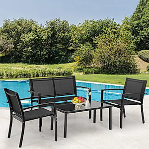 PayLessHere 4 Piece Outdoor Conversation Set for Patio Lawn Poolside with Glass Coffee Table Tempered Glass Tabletop Waterproof Set Textile Modern Conversation Set