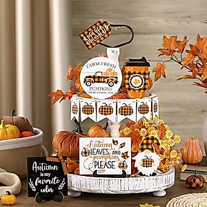 Maitys 13 Pcs Fall Tiered Tray Decor Set Thanksgiving Pumpkin Gnome Rustic Farmhouse Decor Fall Decor Autumn Harvest Decorative Trays Wooden Tabletop Signs for Home Kitchen(Orange Plaid Style)