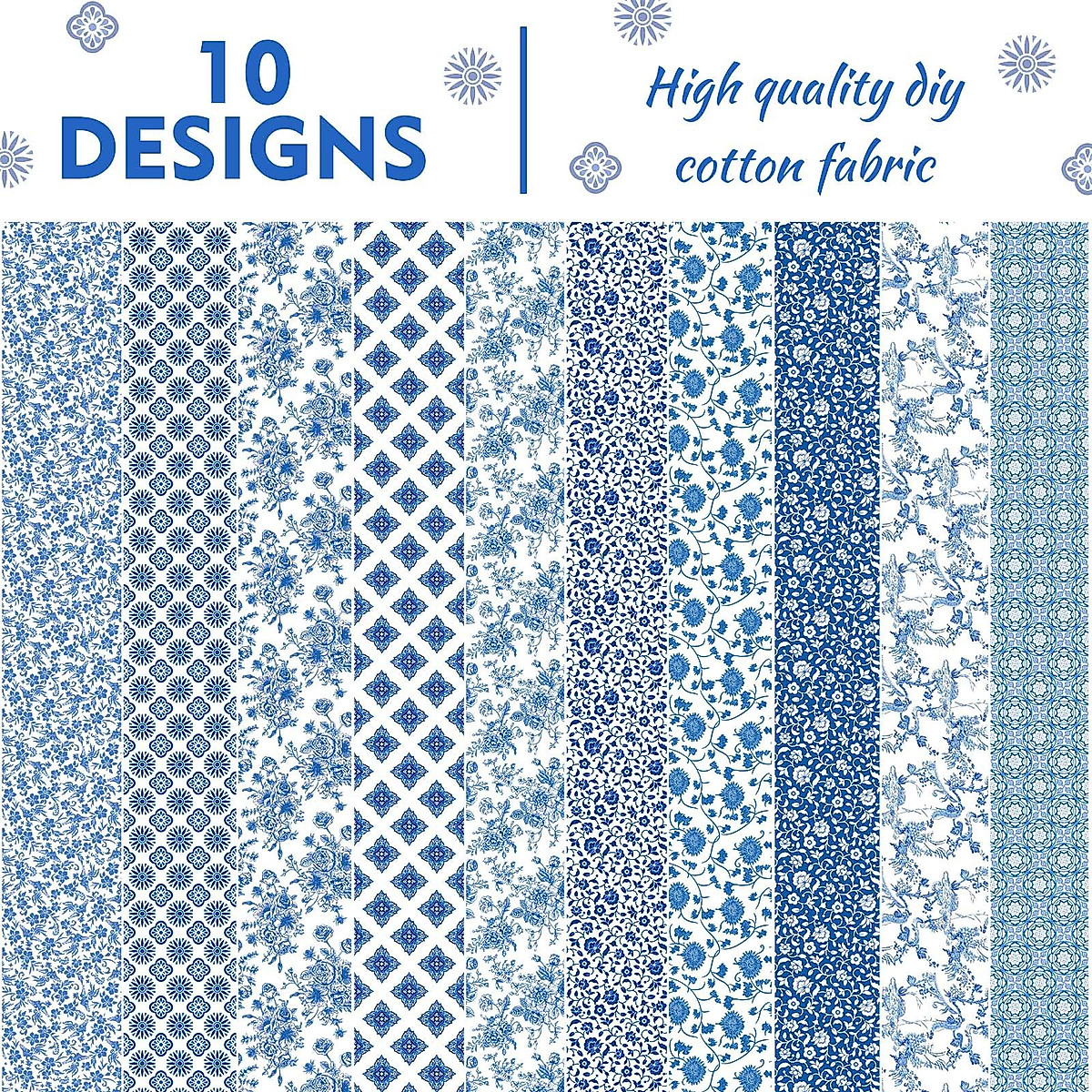 Bolsome 50Pcs Chinoiserie Jelly Polyester Fabric Roll White Blue Floral Quilting Strips Assorted Patterns Patchwork Craft Sewing Supplies for Quilters and Sewing Crafts, 39.37 × 2.55 Inch