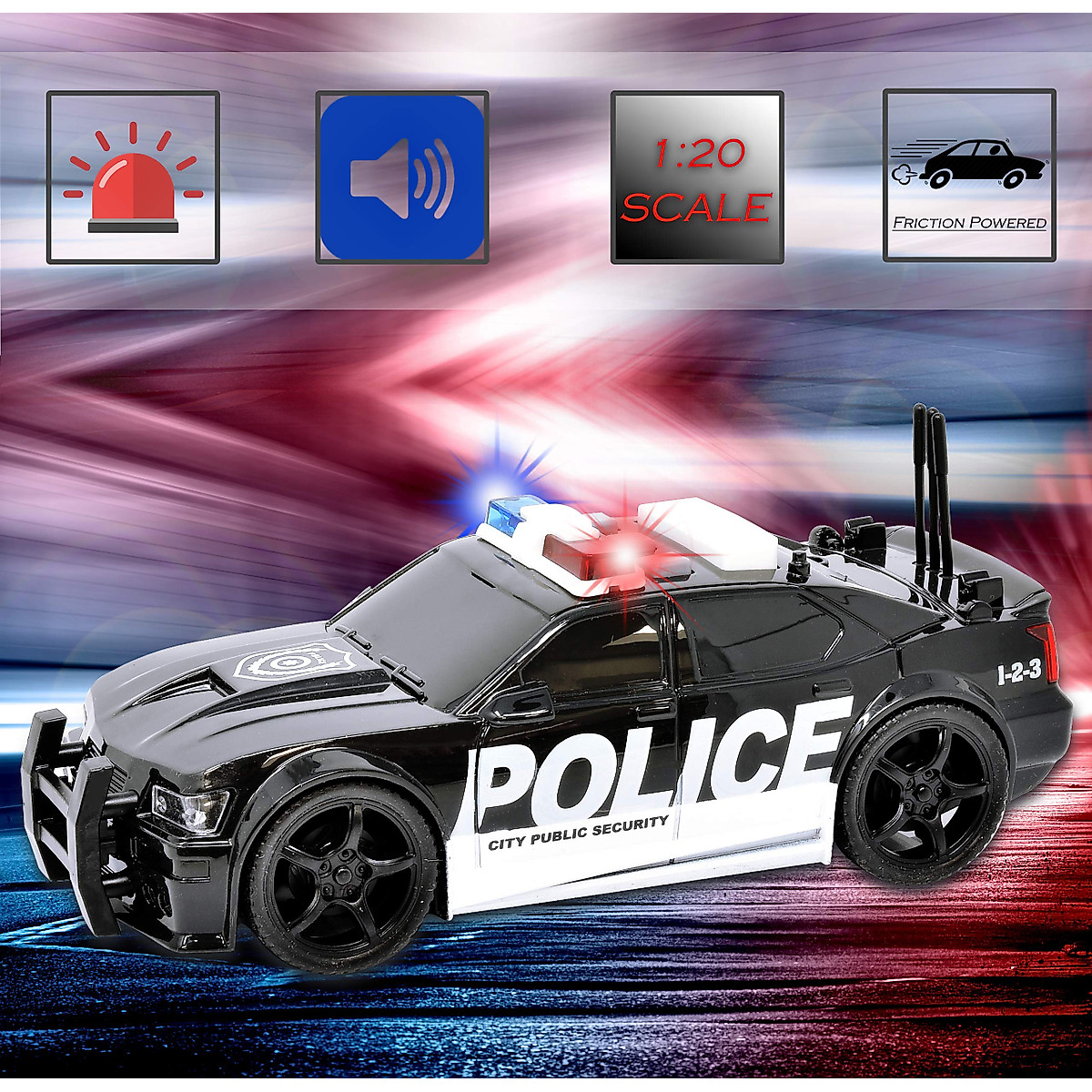 Number 1 In Service Friction Powered Police Car Toy Rescue Vehicle with Lights and Siren Sounds for Boys Toddlers and Kids, Pull Back 1:20 Diecast Vehicle Car