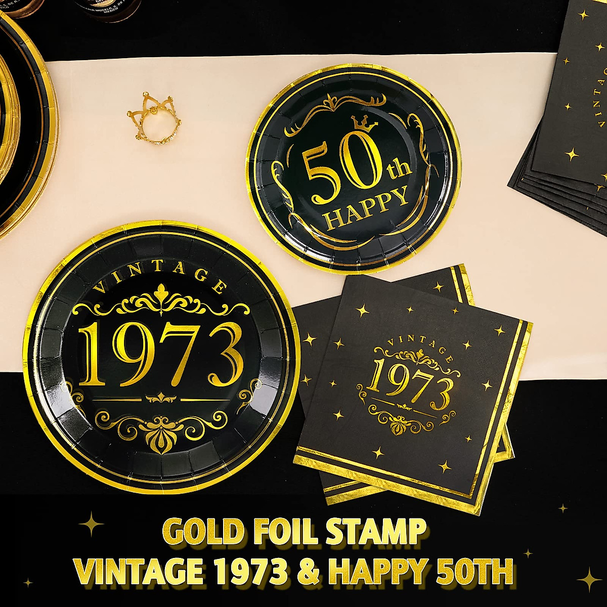 50th Paper Plates and Napkins - Gold Foil Stamp 72PCS Disposable Plates Paper Napkins, Vintage 1973 Retirement Wedding Anniversary Birthday Party Balck Gold Tableware Serves 24 Guest, 9” & 7” Plates