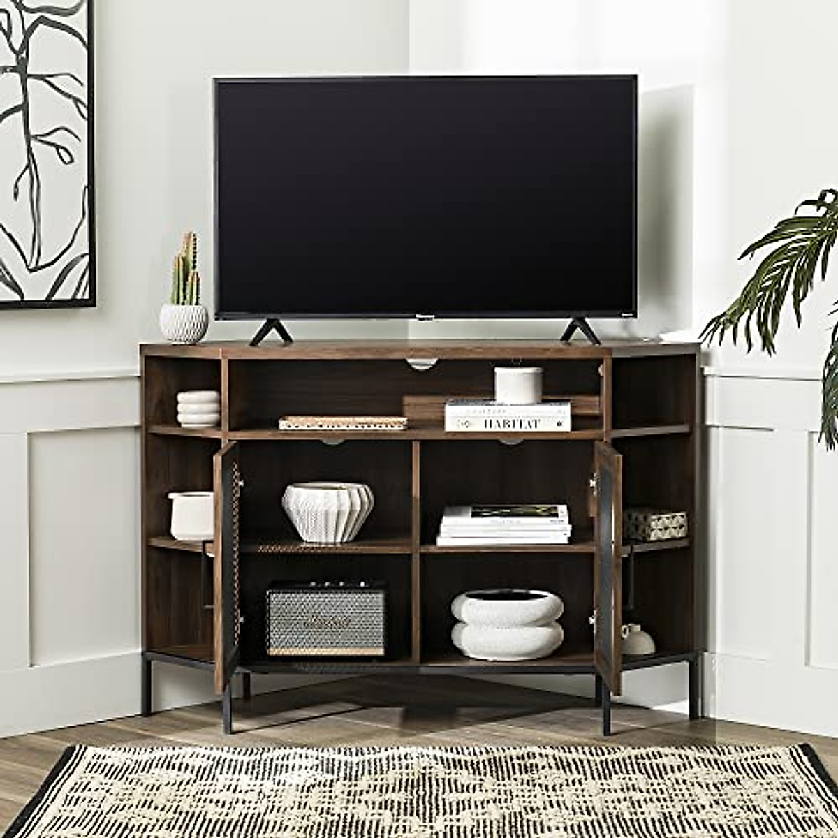 Walker Edison Modern Metal Mesh and Wood Corner TV Stand for TV's up to 55", 48 Inch, Dark Walnut