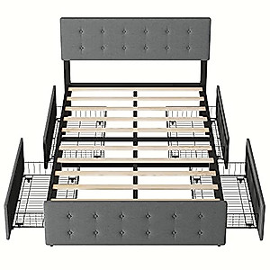 IDEALHOUSE Full Bed Frame with 4 Storage Drawers and Adjustable Headboard,Modern Grey Upholstered Bed