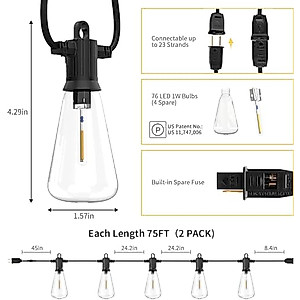 FOOMAN Outdoor String Lights 150ft Shatterproof Dimmable LED Patio Lights Waterproof ST38 Connectable Cafe Lights with 76 Plastic Bulbs for Porch Backyard Garden Bistro(2×75FT)