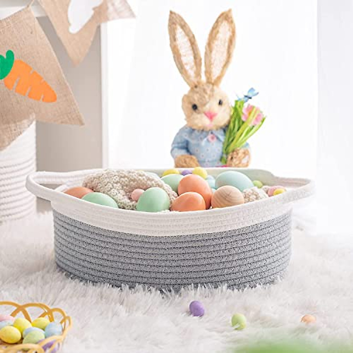 Goodpick Small Woven Basket Cute Gray Rope Basket Cotton Basket Baby Room Storage Basket Dog Toy Basket with Handles Empty Gift Basket for Shelf 12"x 8" x 5" Easter Basket Oval Candy Color Design