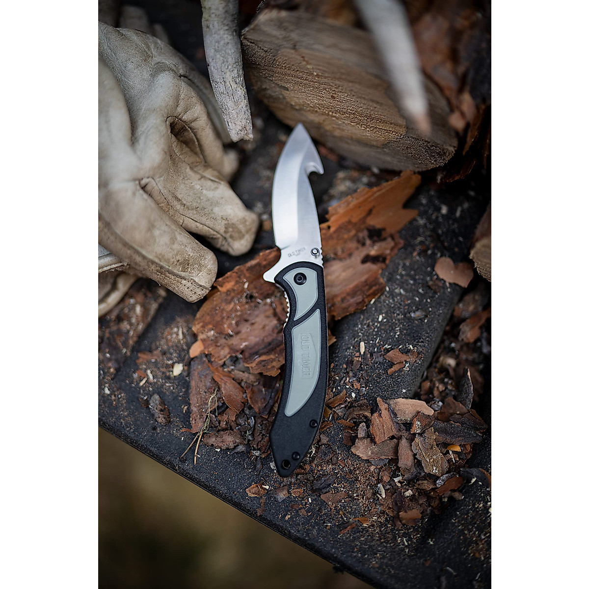 Old Timer Trail Boss 8in Gut Hook Folding Knife with High Carbon Stainless Steel, TPE Grip Handle, Finger Flip Assist, and Liner Lock for Hunting, Field Dressing, Skinning, Gutting, and Outdoors