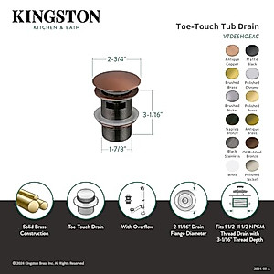 Kingston Brass VTDESHOE Trimscape Toe-Touch Tub Overflow, 1-1/2" Threaded Drain, Polished Chrome