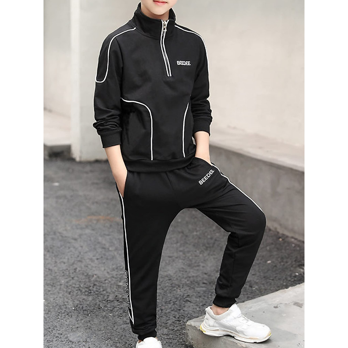 Hansber Kids Boys 2 Piece Tracksuit Sweatsuit Zip Up Turtleneck Long Sleeve Sweatshirt with Sweatpants Set Black 7-8 Years