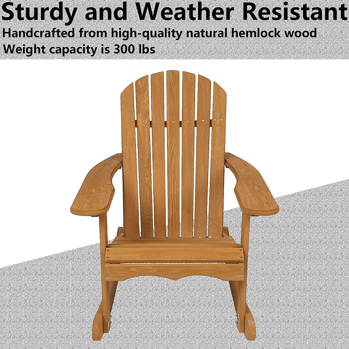 LuxenHome Rocking Chair Outdoor, Rocking Adirondack Chair, Canadian Hemlock Wood Adirondack Chairs, Patio Outdoor Rocking Chairs, Lounge Chairs for Outside, Brown Finish Lawn Chairs