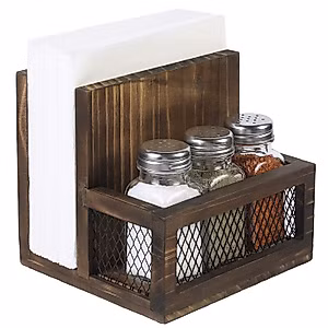 FARM IN Napkin Holder, Farmhouse Multifunctional Napkin Holder with Salt and Pepper Shakers Holder for Home and Commercial Use, Rustic Solid Burnt Wood & Diamond Metal Wire Mesh