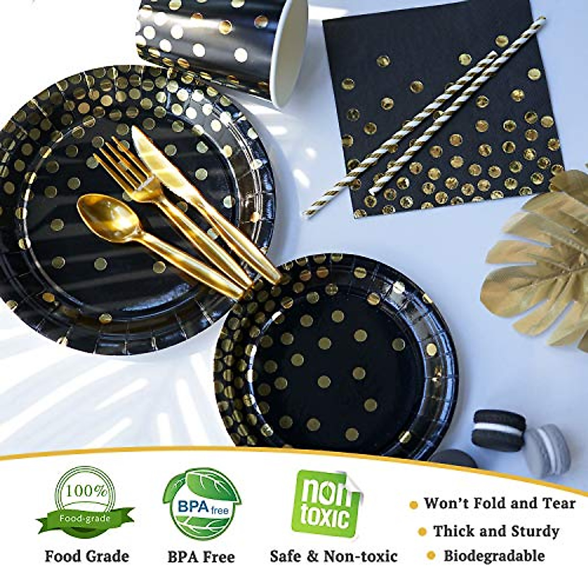 DECORLIFE Black Paper Plates, 400PCS Serves 50, Black and Gold Plates and Napkins Party Supplies, 12oz Cups, Utensils, Straws for Graduation Homecoming Retirement Anniversary Birthday Party