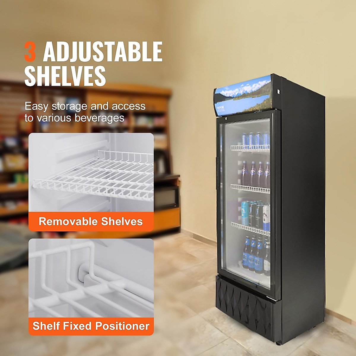 VEVOR Commercial Merchandiser Refrigerator, 6.8 Cu.Ft / 195L Beverage Refrigerator Cooler Merchandiser, Glass Door Display Refrigerator Upright Fridge with 3 Adjustable Shelves, Customizable Lightbox