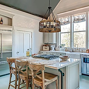 ACNKTZ Farmhouse Rustic Chandelier Light Fixture, 4-Light Round Hanging Pendant Lighting for Dining Room Entryway Kitchen Island Foyer Breakfast Area, Black Wood and Black Metal Finish