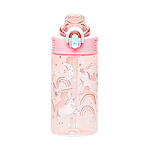 Zak Designs Sage Water Bottle For School or Travel, 16oz Durable Plastic Water Bottle With Straw, Handle, and Leak-Proof, Pop-Up Spout Cover (Fanciful Unicorn)