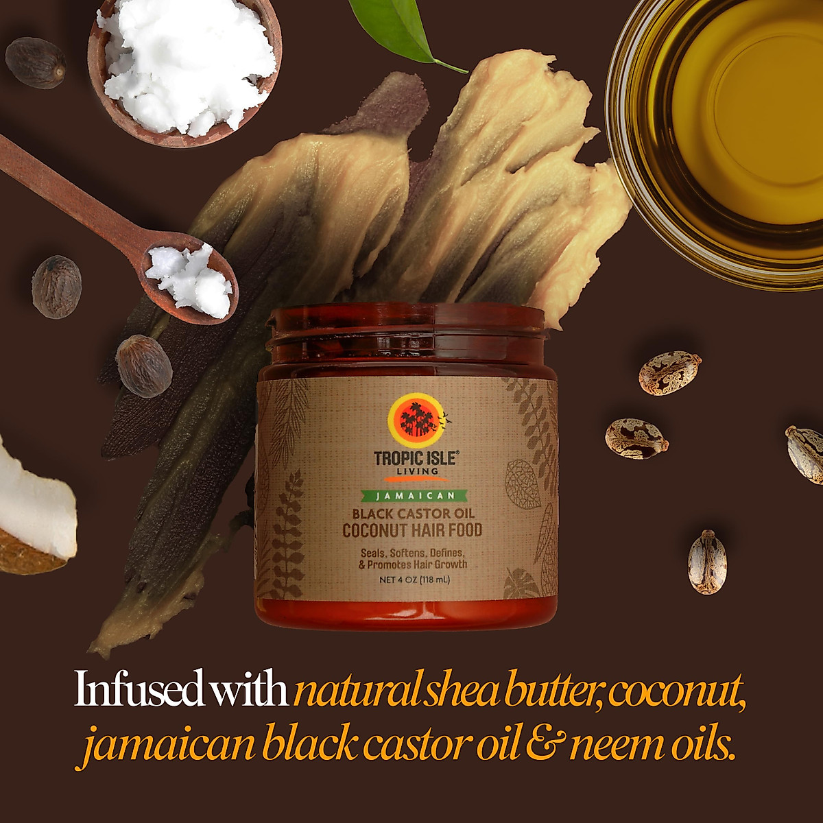 Jamaican Black Castor Oil Coconut Hair Food 4 oz | Seals, Softens, Defines & Promotes Hair Growth | Traditional Handmade Jamaican Black Castor Oil & Coconut |